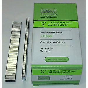 Grex GNS21-15(D10) 22 Gauge 3/16" Crown 5/8"Long, Galvanized Staples, 10,000/BX