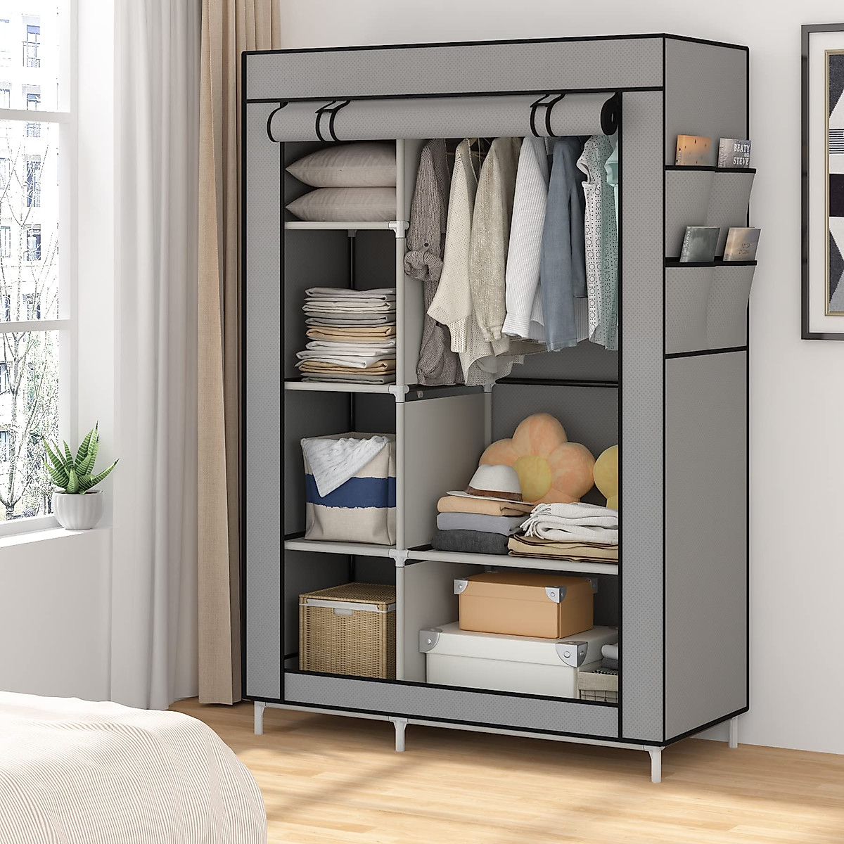 Calmootey Closet Storage Organizer,Portable Wardrobe with 6 Shelves and Clothes Rod,Non-Woven Fabric Cover with 4 Side Pockets,Grey