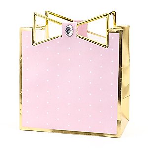 Hallmark Signature 7" Medium Gift Bag (Pink with Gold Border and Metallic Bow) for Mothers Day, Birthdays, Engagements, Valentines Day, Sweetest Day and More