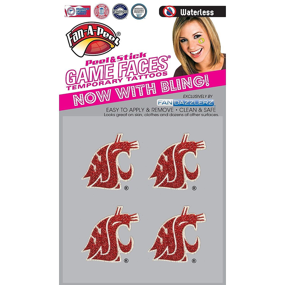 Fan-A-Peel Washington State Waterless Temporary Tattoos - Hypoallergenic Peel and Stick Waterproof Temporary Tattoos, Glitter - Officially Licensed