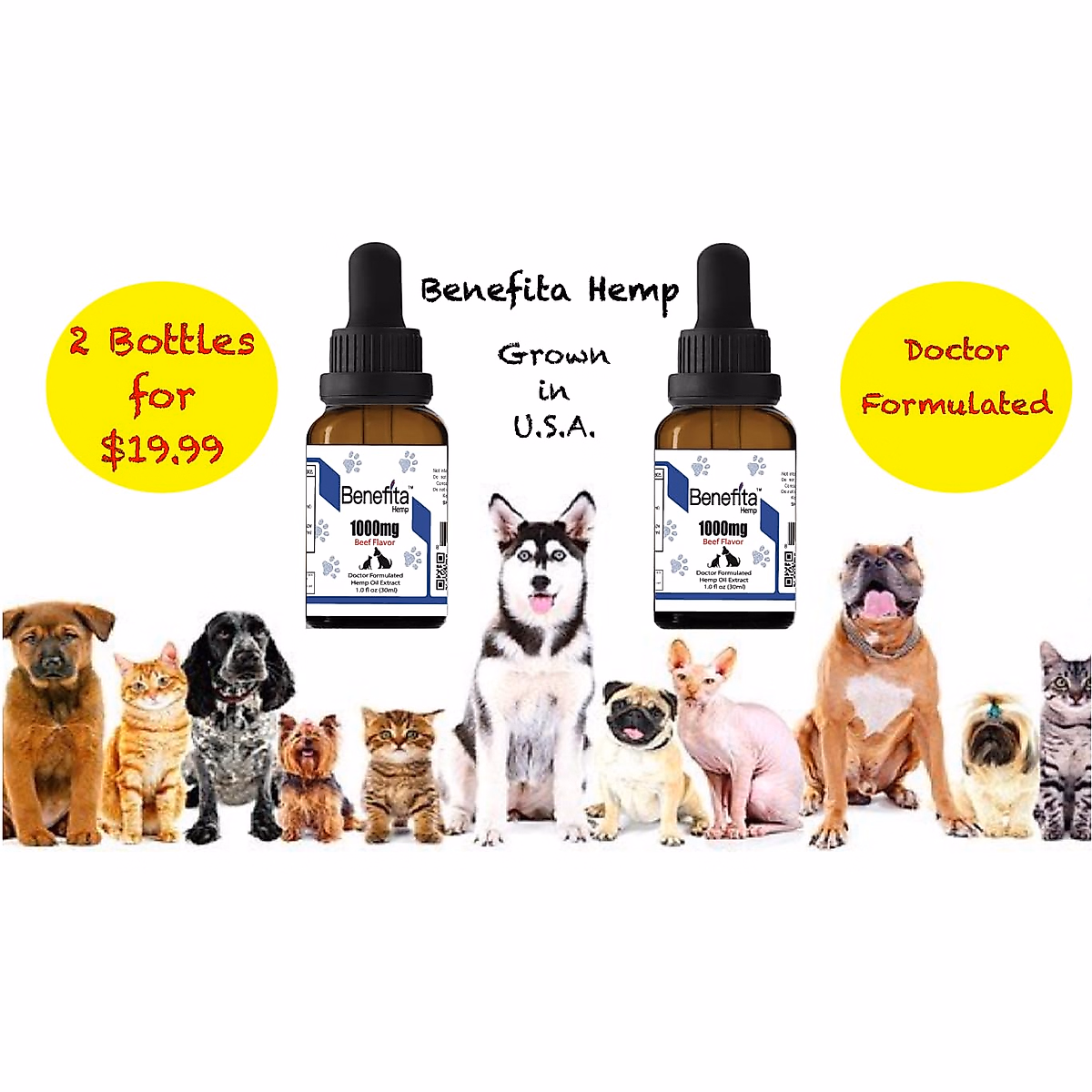 (2 Packs) Benefita Hemp Pet Oil for Dogs and Cats. Anxiety, Stress, Pain, Inflammation, Skin, Allergies, Relief Joint Hip, Arthritis, Sleep Aid, Calming Effect, Oil Dropper Organic Extract, amber