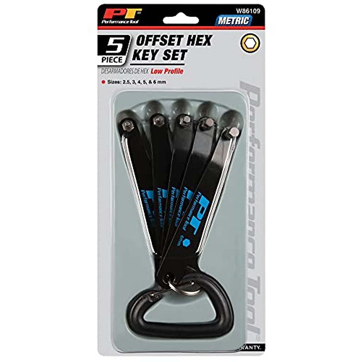 Performance Tool W86109 Metric Low Profile Offset Hex Key Wrench Tool Set for Workshops and Garages, Black, 5-Piece Set