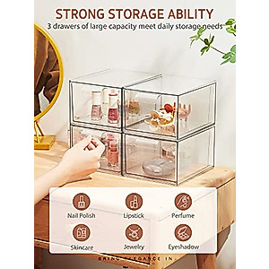 Syntus 4 Piece Set Stackable Makeup Organizer Drawers, 4.4'' Tall Acrylic Bathroom Storage Drawer, Plastic Cosmetics Storage Box for Vanity, Undersink, Skincare, Kitchen Cabinets, Pantry Organization
