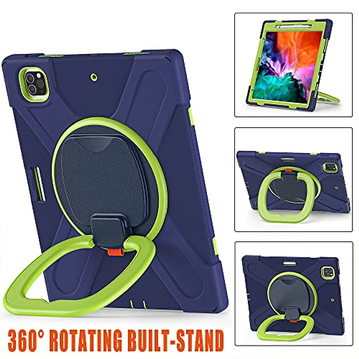 SCSVPN iPad Pro 12.9 Case 4th/3rd Generation, Full Heavy Duty Shockproof Protective Cover for iPad Pro 12.9 inch 2020/2018 with Pencil Holder - 360 Rotating Stand - Handle/Shoulder Strap, Navy Green