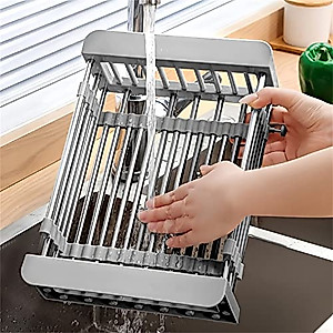 Stainless Steel Telescopic Drain Basket, Adjustable Dish Drying Rack Sink Strainer Drain Kitchen Basket for Dish Vegetable Fruit(8.66x11.41x3.14in)