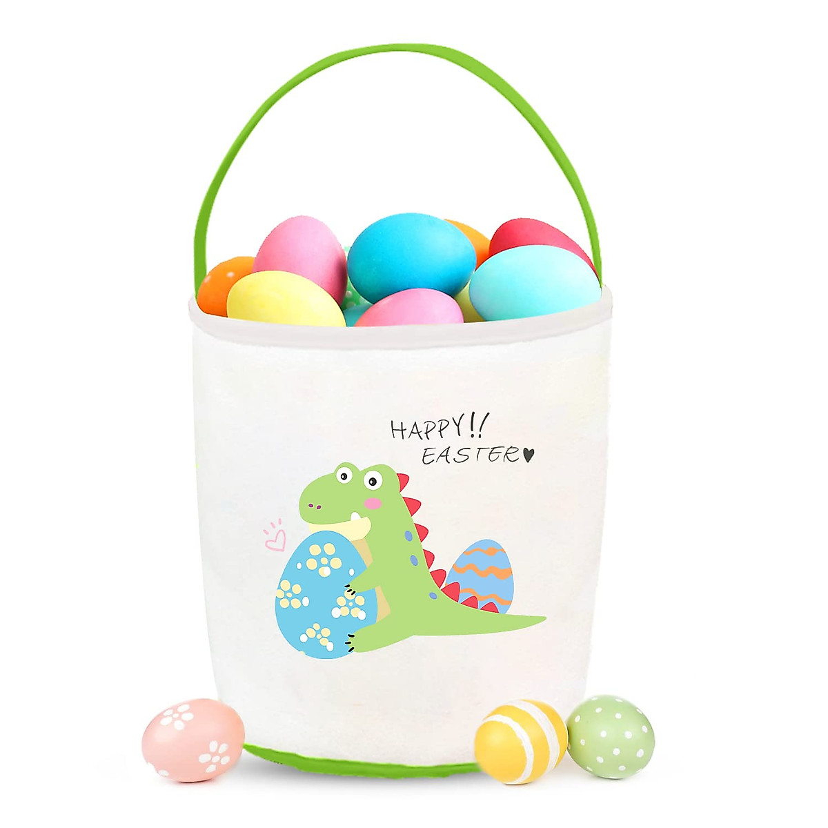 Cerlaza Easter Gift Basket Empty for Kids Canvas Tote, Easter Dinosaur Holding Eggs Hunt Basket with Handle for Toys Carrying, Cute Design Cotton Basket for Easter Party Supplies