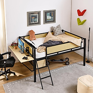 XD Designs Full Size Gaming Mid Loft Bed with Rectangular Desk and Vented Mesh Underbed Storage, Metal Low Loft Bed Frame with Safety Guard and Ladder for Kids Teens Boys Girls (Black+Natural, Full)