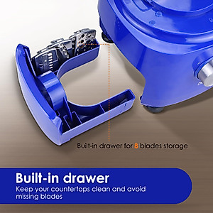 Davivy Food Processor 7 Cup,Built-in Storage Drawer Small Food Processor with 10 set blades,French fry cutting,Wavy slicing for Home Use,3-Speed, Blue,600W