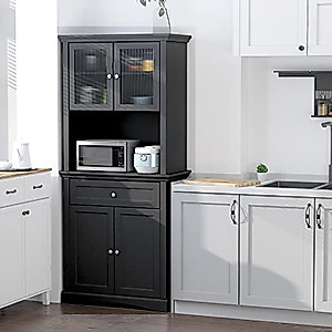 HOMCOM 71" Traditional Freestanding Kitchen Buffet with Hutch, Pantry Cabinet with 4 Doors, 3-Level Adjustable Shelves, and 1 Drawer, Black