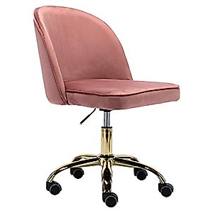 Guyou Pink Velvet Gold Desk Chair with Wheels Armless Upholstered Vanity Chair, Rolling Swivel Small Task Chair Home Desk Chair for Home Office Studio (Dusty Rose Pink)