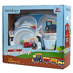 5 Pc Mealtime Set for Kids & Toddlers, Train Theme-Includes Divided Plate, Bowl, Fork & Spoon - Dishwasher Safe, Durable, BPA Free-Cute Compartment Dish to Put Food in 4 Sections for Easy Self-Feeding