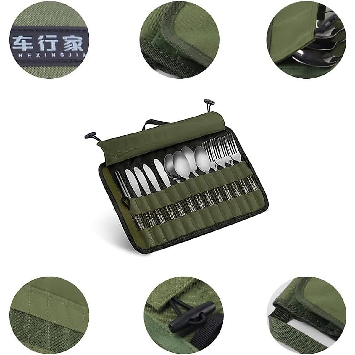 xiaoguozi Cutlery Storage Bag,Portable Polyester Roll Up Pouch Bag For Forks, Spoons, Chopstick,Water Resistant Storage Kitchen Cooking Utensil Set Travel Organizer, Army Green