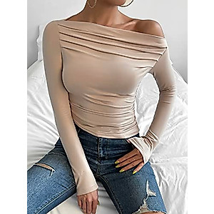 Floerns Women's Asymmetrical Neck Long Sleeve Ruched Solid Crop Top Tee Shirt Apricot M