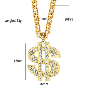 Sanglarst Gold Chain Necklace with Dollar Sign, 25.6 Inch Golden Ultra Luxury Looking Feeling Real Solid 14K Gold plated Curb Fake Neck Chain for Party Dancing