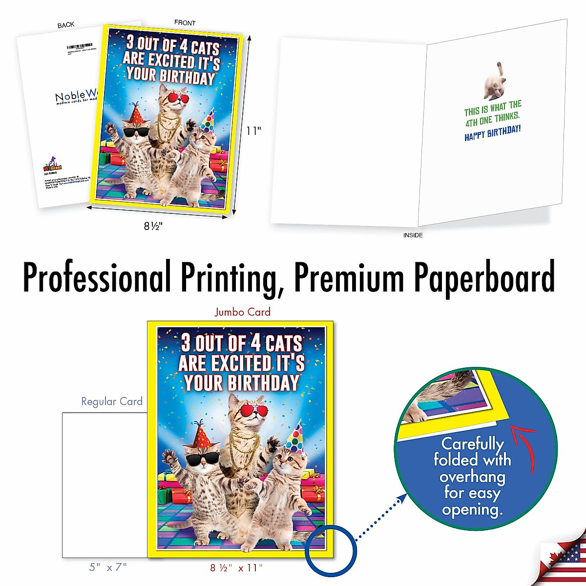 NobleWorks Jumbo Hilarious Birthday Greeting Card 8.5 x 11 Inch with Envelope (1 Pack) Oversize Jumbo Bday Excited Cats J3525BDG