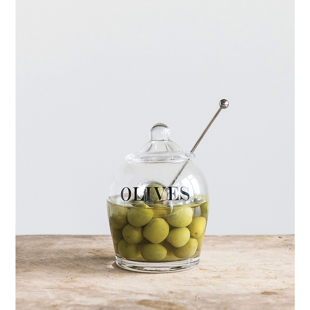 Creative Co-Op Clear Glass "OLIVE" Jar with Lid & Slotted Stainless Steel Spoon (Set of 3 Pieces including Lid)