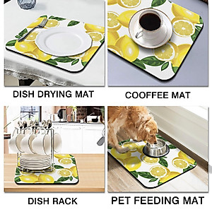 Rubber Dish Drying Mat for Kitchen Counter Large Lemon Washable Quick Home Coffee Pad Fit Under Sink,Bar,Utensils 16x18in