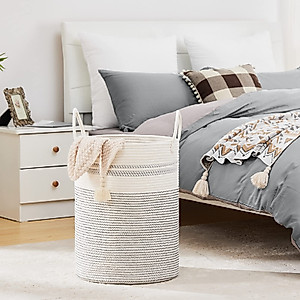 Fiona's magic 58L Woven Rope Laundry Hamper, Tall Boho Laundry Basket Storage, Large Baby Nursery Hamper for Blankets, Toys and Clothes Hamper for Bedroom and Living Room Organizing, Jute, White