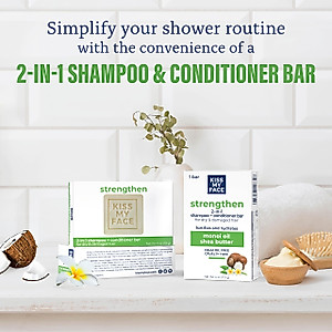 Kiss My Face Strengthen 2-in-1 Shampoo + Conditioner Bar - Palm Oil-Free, All Hair & Skin Types, Cruelty-Free Shampoo and Conditioner Bar for Dry & Damaged Hair with Monoi Oil and Shea Butter