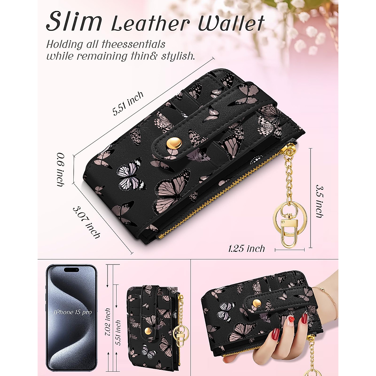 Bistup Credit Card Holder Wallet for Women - Cute Small for Ladies Teen Girls Female Rfid Butterfly Black Leather Cardholder Wallets Organizer Purse Girly Aesthetic Print Unique Zipper