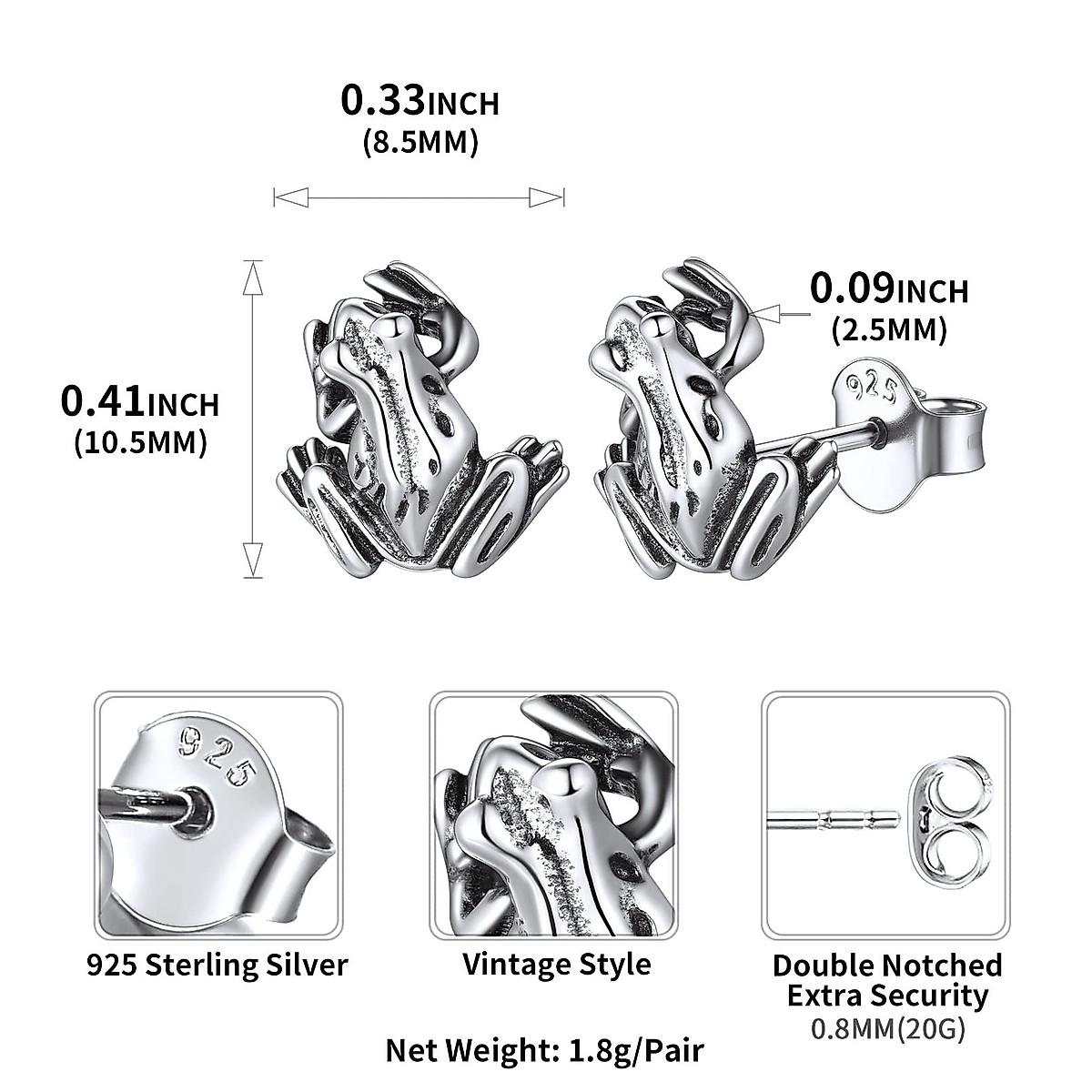 ChicSilver 925 Sterling Silver Stud Earrings for Women Sensitive Ear Hypoallergenic Frog Earrings Cute Funny Animal Jewelry