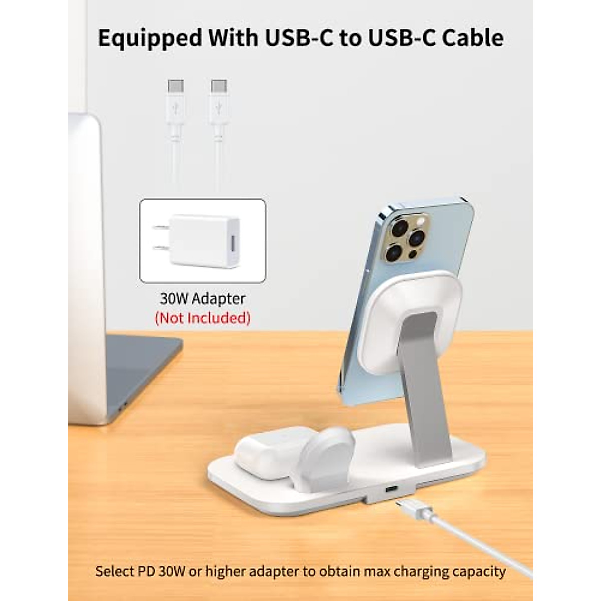 MOMAX Magnetic Wireless Charging Station，25W 3 in 1 Wireless Charger Stand Fast Charging Station only for iPhone 14/14Pro/13/13Pro/12 Series, AirPods Pro, Apple Watch 1-6 Series (No AC Adapter)