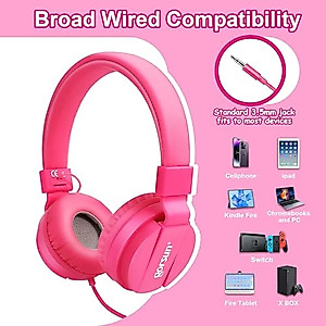 TENLUBEN Gorsun Kids Headphones Wired Headphone, Children Girls Boys Teen Lightweight Foldable Adjustable Corded On-Ear Headset for School Online Course Chromebook Cellphones Kindle Airplane (Pink)