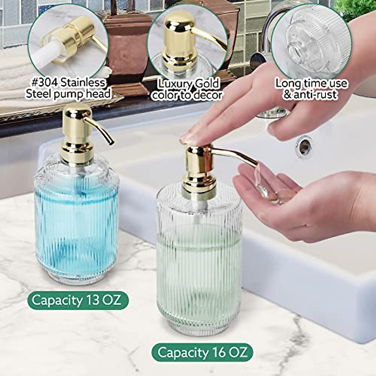 Bathroom Accessory Set,5 PCS Modern Premium Clear Glass Bath Accessories,Set of 2 Lotion Soap Dispenser,Toothbrush Holder,Qtip Holder & Acacia Wooden Tray,Gift for Home Decor & Countertop Organizer