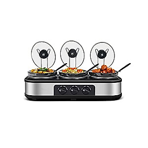 Triple Slow Cooker with Lid Rests, Breakfast Buffet Servers and Warmers with 3 X 1.5Qt, Tempered glass lids & 3 Adjustable Temp, Dishwasher Safe, Stainless Steel