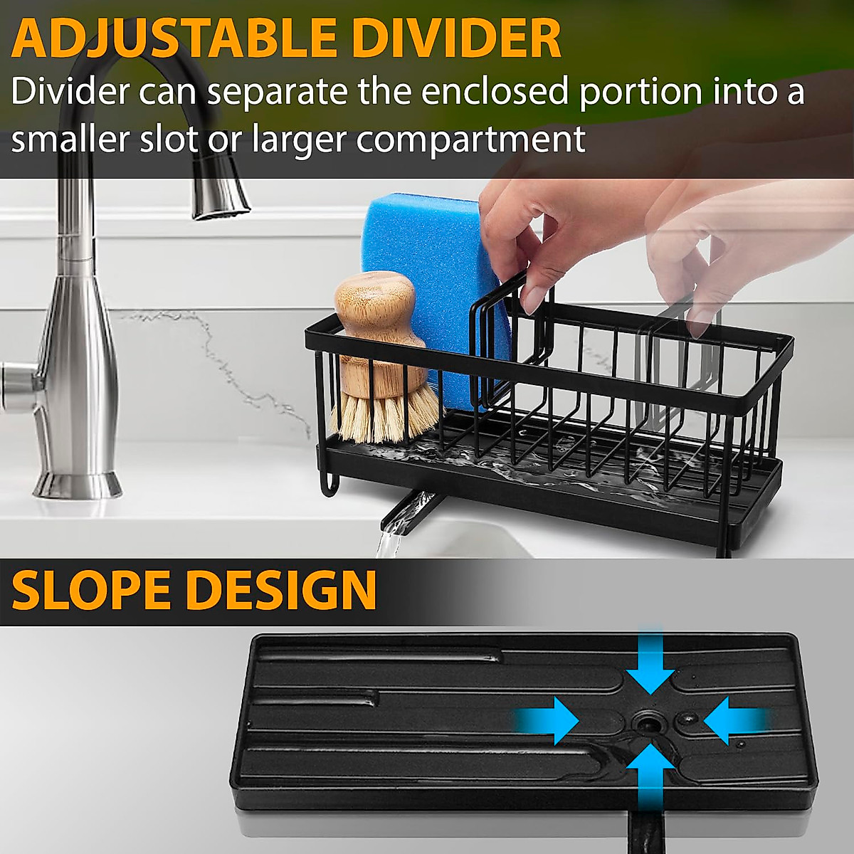 KSEV Sink Caddy with Adjustable Auto Spout Drain Pan, (Stainless Steel Rustproof) Kitchen Countertop Sink Organizer Rack Storage Holder with Divider for Countertop Sponge Soap Brush Dispenser (Black)