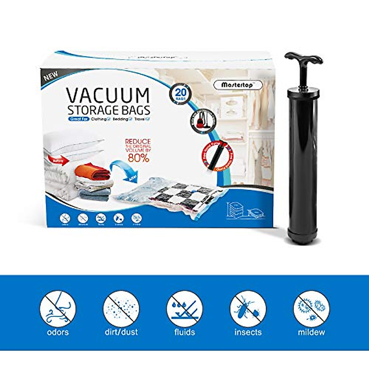 MASTERTOP 20pcs Vacuum Storage Bags, Space Saver Bags for Clothes Comforters Blankets Pillows with Hand Pump, Sealer Compression Bags for Travel & Home (2 X-Jumbo, 4 Jumbo, 4 Large, 4 Medium, 6 Small)