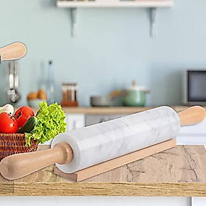 SIPARUI Marble Rolling Pin with Wooden Cradle Thick Handle Set for Baking,18.5 inch Premium Quality Polished Roller for Pizza Dough,Fondant,Pie Crust,Non-Stick Surface Easy to Clean(White)