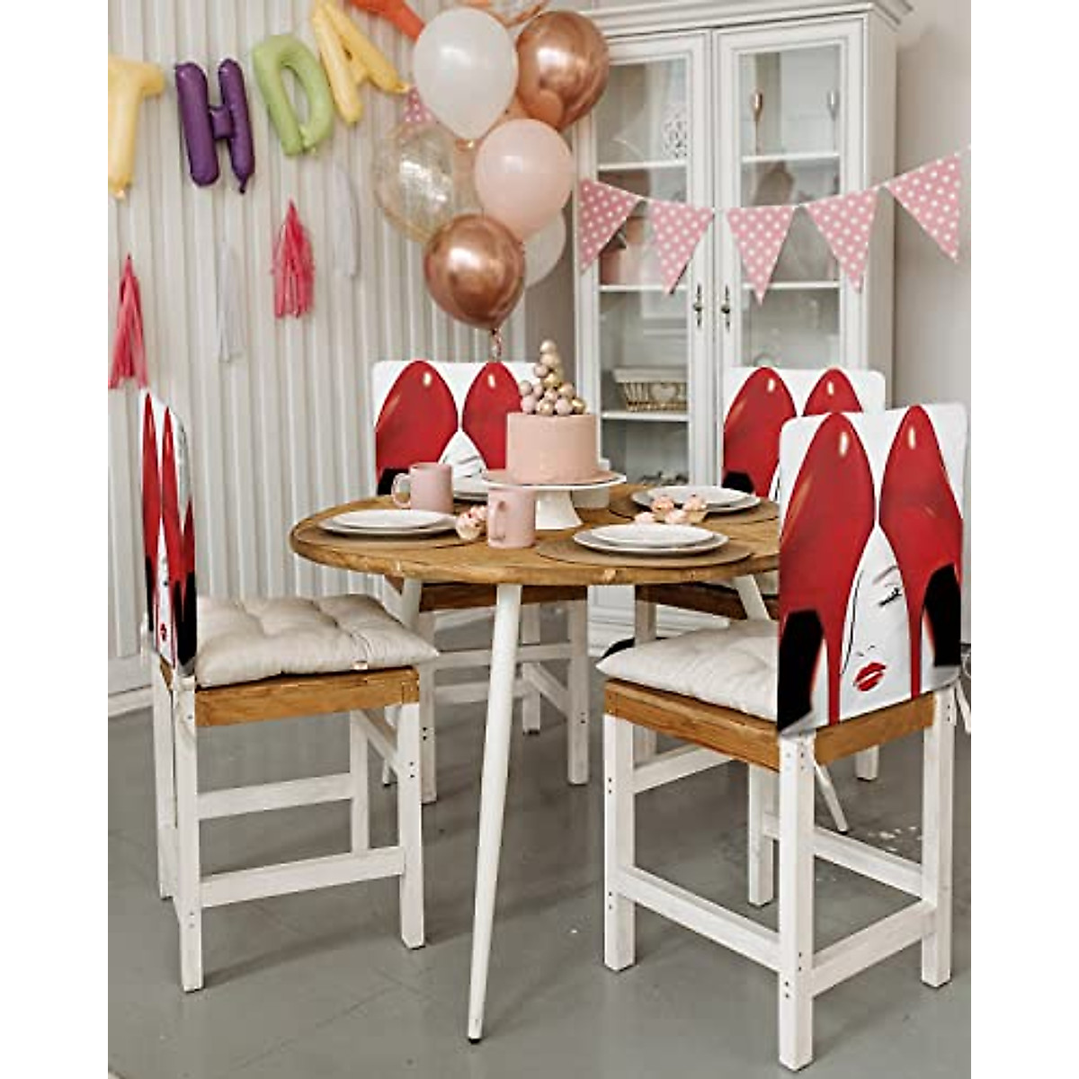 Maliyand Chair Back Cover, Sexy Red High Heels Fashion Woman Face Chair Covers Removable Chair Protector Slipcover for Dining Room, Kitchen, Restaurant, Set of 6