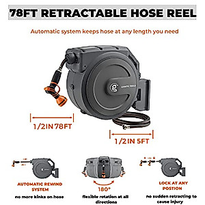 Giraffe Tools AW25 Wall Mounted Hose Reel Retractable 1/2" 78 ft Heavy Duty, Slow Rewind System, Any Length Lock, 9 Pattern Nozzle, Swivel Bracket, 78ft, Dark Grey