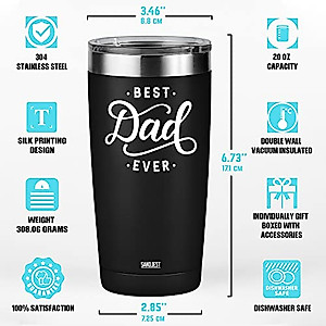 SANDJEST Best Dad Ever Tumbler Gifts for Dad from Daughters Sons - 20oz Stainless Steel Insulated Coffee Travel Mug Christmas, Birthday, Father's Day Gift - Thermal Cup Gift Set with Lid & Straw