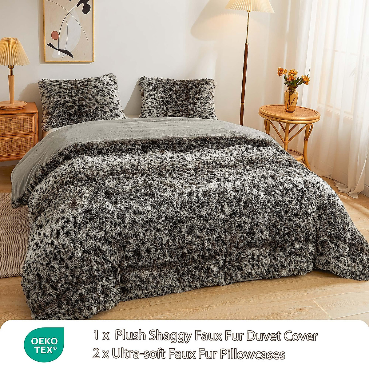 LIFEREVO Cheetah Print Faux Fur Duvet Cover Fluffy Bedding Set, 3 Pieces Soft Plush Fuzzy Comforter Cover Set(1 Shaggy Comforter Cover+2 Furry Pillowcases), Zipper Closure(Queen, Leopard Print Grey)