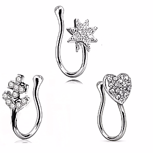3Pcs Fake Nose Rings Clip on Nose Rings Non-Pierced Nose Hoop Ring Adjustable Nose Cuff Fake Septum Nose Hoop Rings Faux Lip Ear Nose Septum Ring Clip On Nose Hoop Rings -Silver