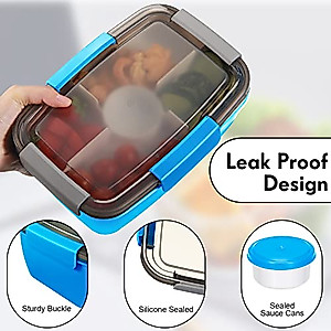 Potchen 4 Packs Salad Lunch Container 68 oz Large Bento Box Adult Bowl with 5 Compartments Dressings Style Tray for Toppings, Blue, Pink