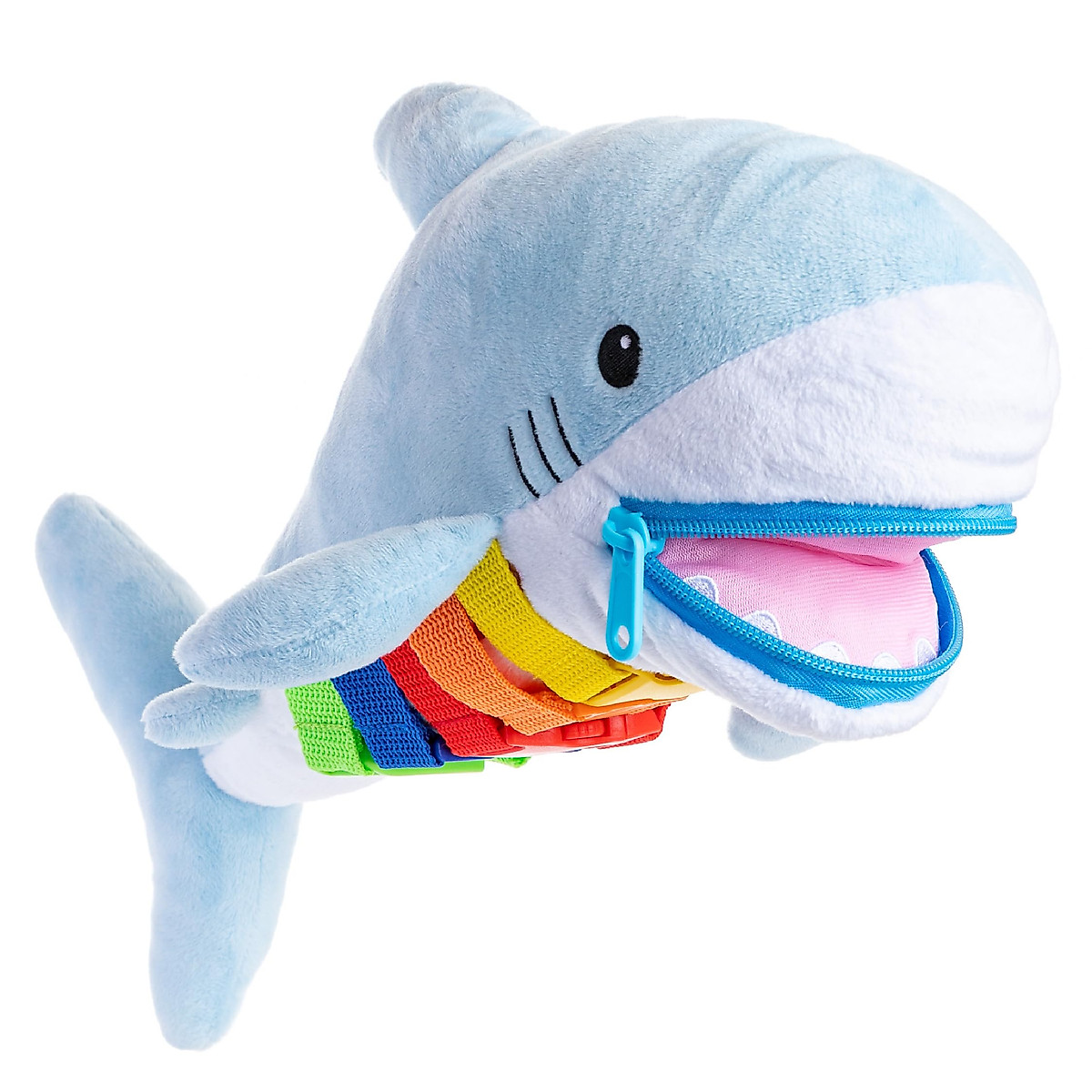 Buckle Toys - Bruce Shark Stuffed Animal - Montessori Learning Activity Travel Toy for Toddlers - Develop Motor Skills and Problem Solving