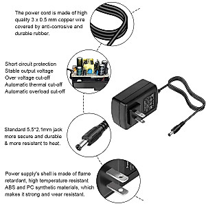 12V 3A Power Supply Adapter SUEPRNIGHT AC 100-240V to DC 12 Volt Power Supply Transformer Converter with 5.5mm x 2.1mm Plug for Router Led Strip Lights CCTV Camera
