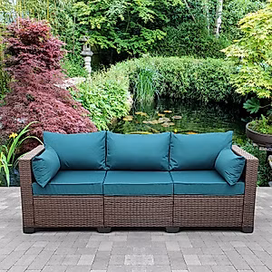 Valita 3-Seat Patio PE Wicker Couch Furniture Outdoor Brown Rattan Sofa with Washable Peacock Blue Cushions