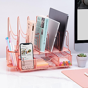 ARCOBIS Rose Gold Desk File Organizer for Women, Desk Organizers and Accessories with Pen Holder & Sliding Drawer & Vertical File Folder Sorters, Cute Desktop File Holder for Office Supplies
