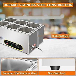 Commercial Food Warmer 110V 6-Pan 1500W Electric Steam Table Stainless Steel Bain Marie Buffet 15.4 Qt Capacity with Temperature Control & Tap for Parties, Banquet and Catering Events