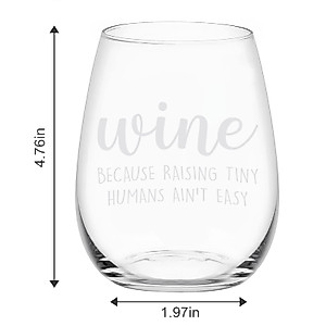 DAZLUTE Raising Tiny Humans Ain’t Easy Stemless Wine Glass, Mother’s Day Father’s Day Christmas Birthday Gag Gifts for Dad Mom New Parents Women Men from Kids Wife Husband, Funny 15Oz Wine Glass