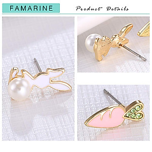 Easter Earrings White Rabbit Bunny Carrot Stud Earrings Crystal Pearl Cute Funny Earring