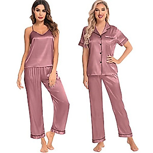 SWOMOG Womens 4 Piece Satin Pajamas Silk Short Sleeve Pj Sets Long Bottoms V Neck Cami Ruffle Shorts Pajama Pants Bridal Pjs Misty Rose