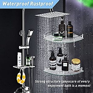 HouseMila Bathroom Shelf, 2 Tier Glass Bathroom Wall Shelf with Extra 3 Hangers Floating Glass Corner Shelves with Nail Shampoo Organizer