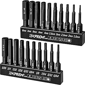 Metric & SAE Hex Head Allen Wrench Drill Bit Set,TEKPREM 20-Piece 1/4 inch Magnetic Tip Hex Screwdriver Bit Set with Rubber Strip and Storage Box, S2 Steel & 2 inch Long