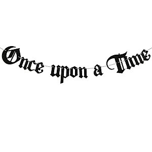 Pre-Strung Once Upon a Time Banner, Gothic Letter Bridal Shower Party Bunting Sign, Funny Wedding Engagement, Birthday, Bachelorette Party Decors Supplies Black Glitter