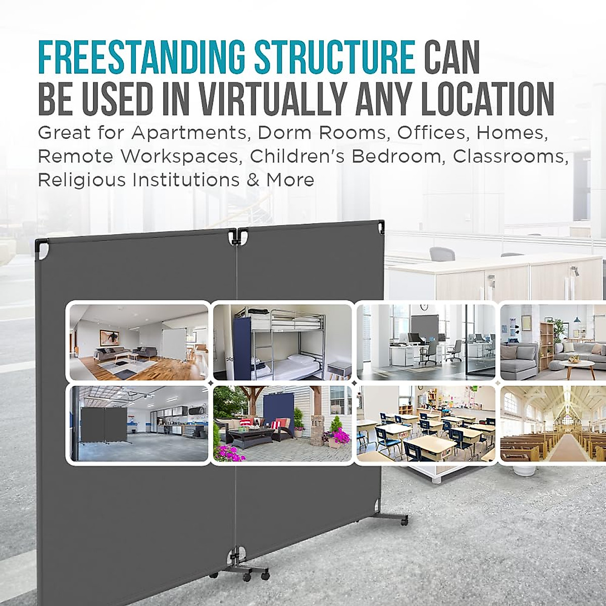 Steel-AID 60-inch Rolling Privacy Room Divider - Freestanding Office Wall Partition with Non See-Through Blackout Screen - Sturdy & Durable Iron Frame - Rolling Wheels - Black, White, Gray & Blue